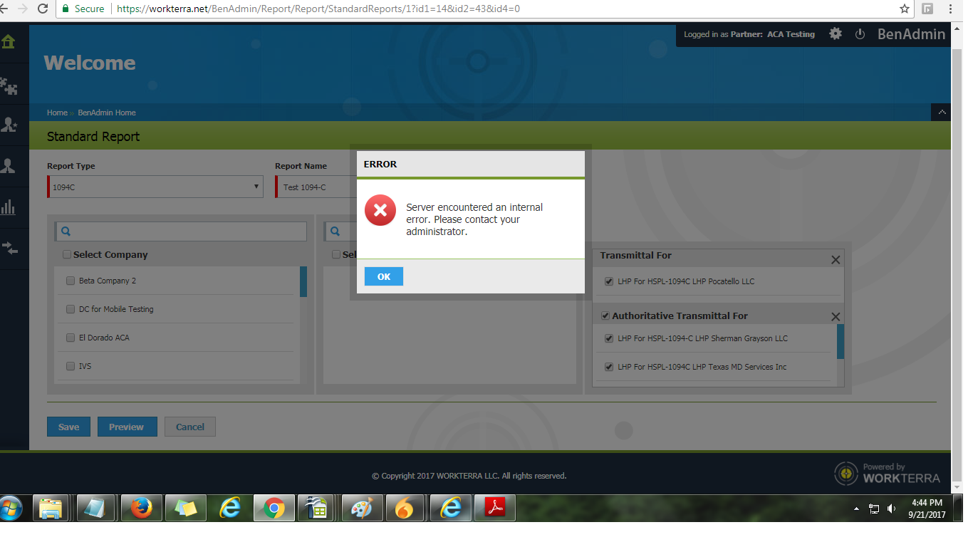 Wt 11213 Functional Standard Reports 1094c Server Error Is Populating For Preview Report